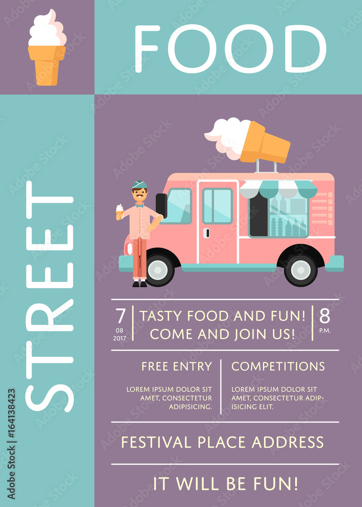 Street food festival invitation with ice cream truck. Culinary city ...