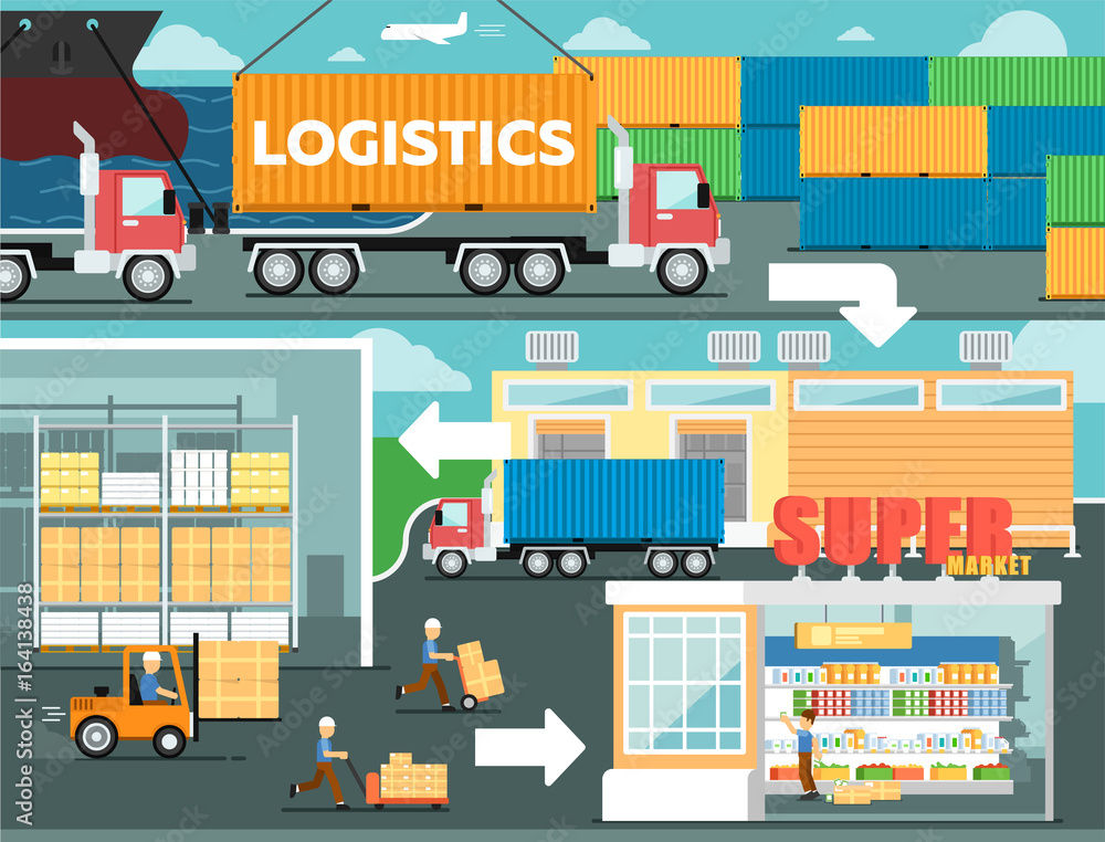 Logistics service and retail distribution poster. Freight trucking ...