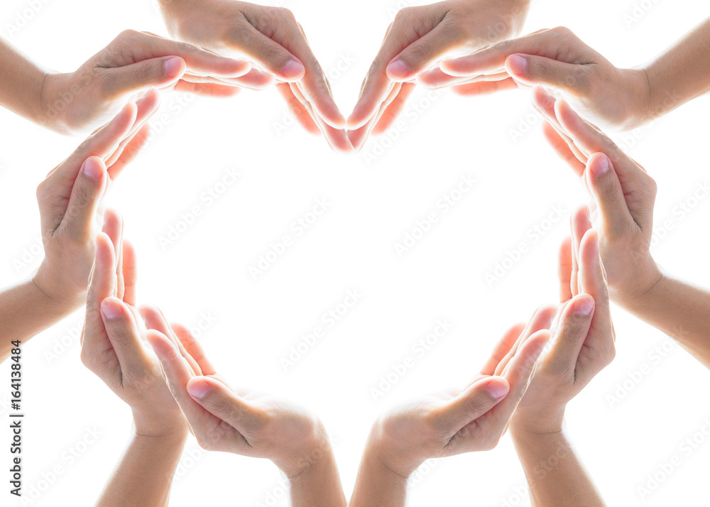 Heart shape woman people's hand collaboration isolated on white ...