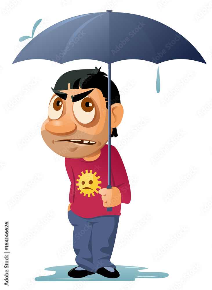 Bad weather. Unhappy man with umbrella in the rain. Cartoon styled ...