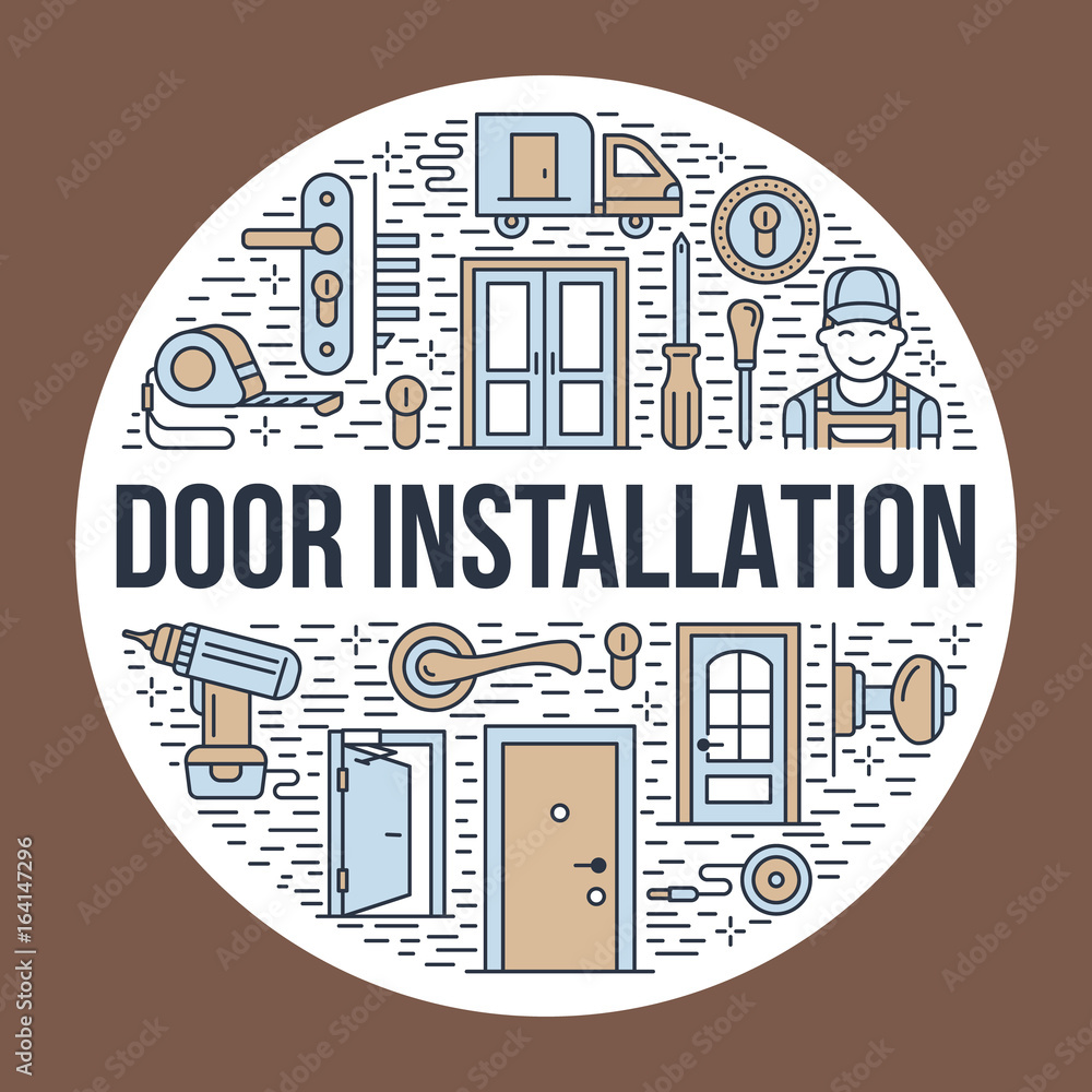 Doors installation, repair banner illustration. Vector line icons of ...