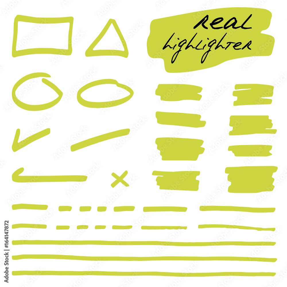 Hand-drawn shapes and lines - real highlighters. Green. Vector set ...