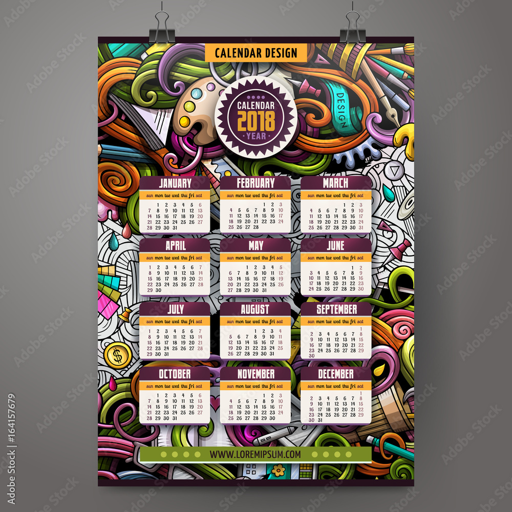 Cartoon doodles Design and Art 2018 year calendar template Stock Vector ...