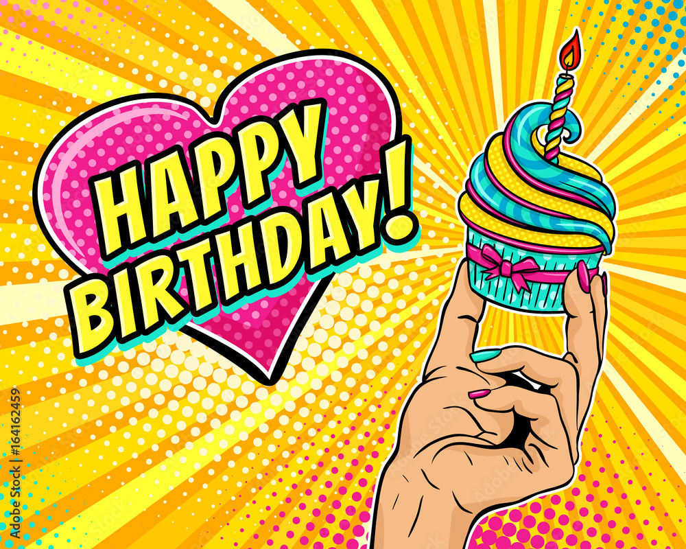 Pop art background with female hand holding cupcake with burning candle ...