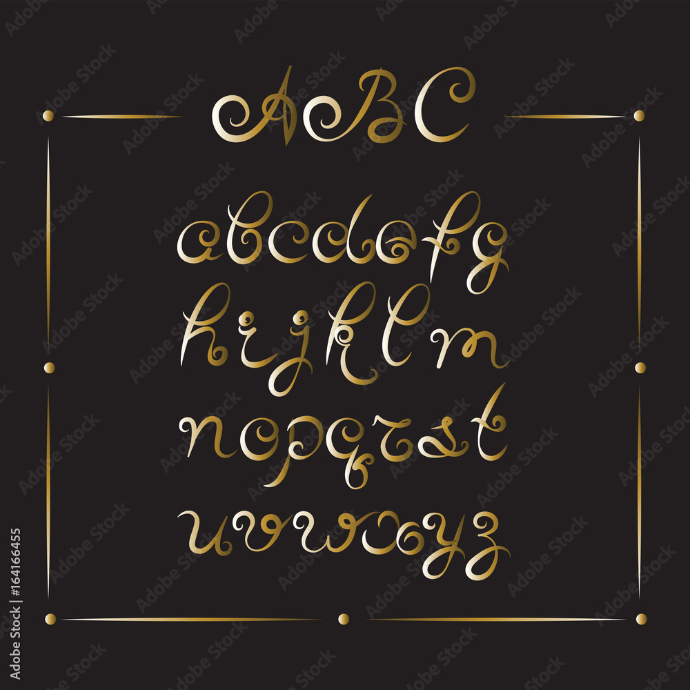 Handwritten font. Gold letters. Cursive. The background is black ...