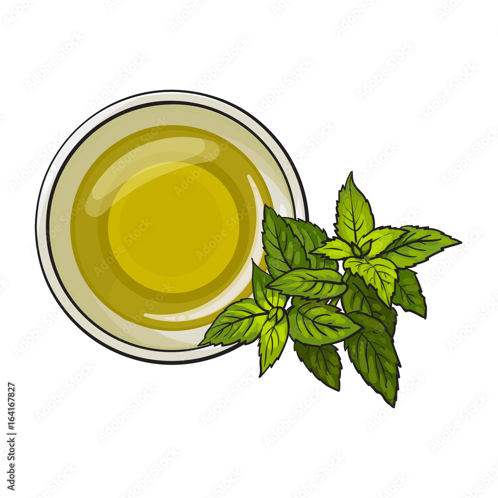 Bowl of natural oil massage decorated with fresh mint leaves, top view ...