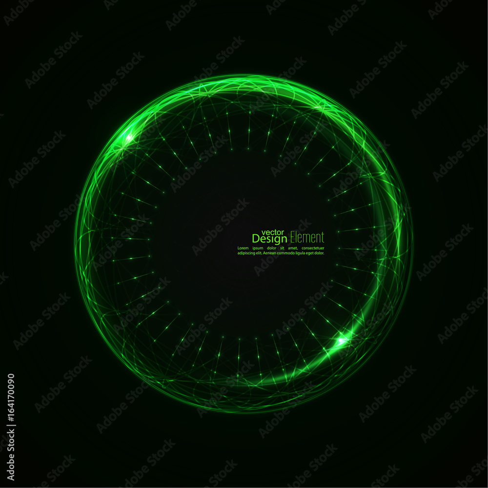 Abstract techno background with spirals and rays with glowing particles ...
