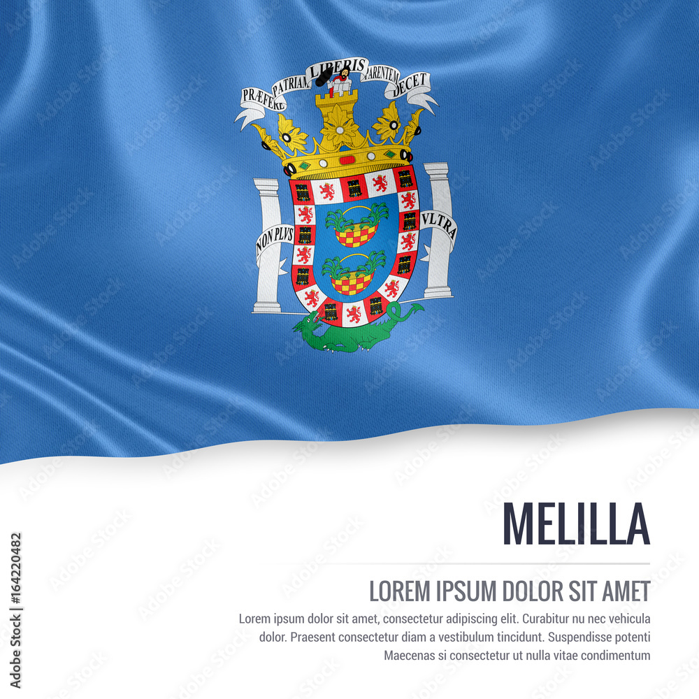 Spanish state Melilla flag waving on an isolated white background ...