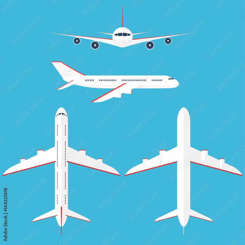 Airplane set in the sky. Commercial airplane in side, top, front and ...