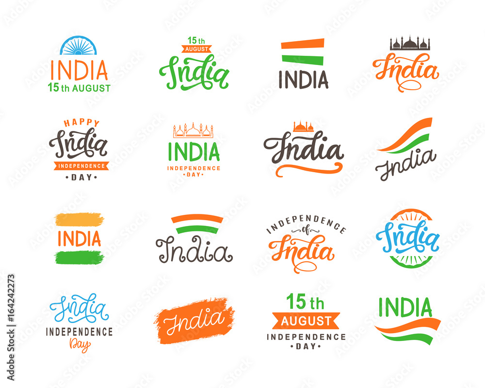 India independence day. Handmade lettering logo templates big set Stock ...