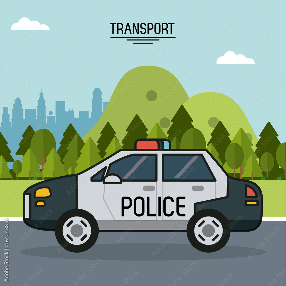colorful poster of transport with police car on the outskirts of the ...