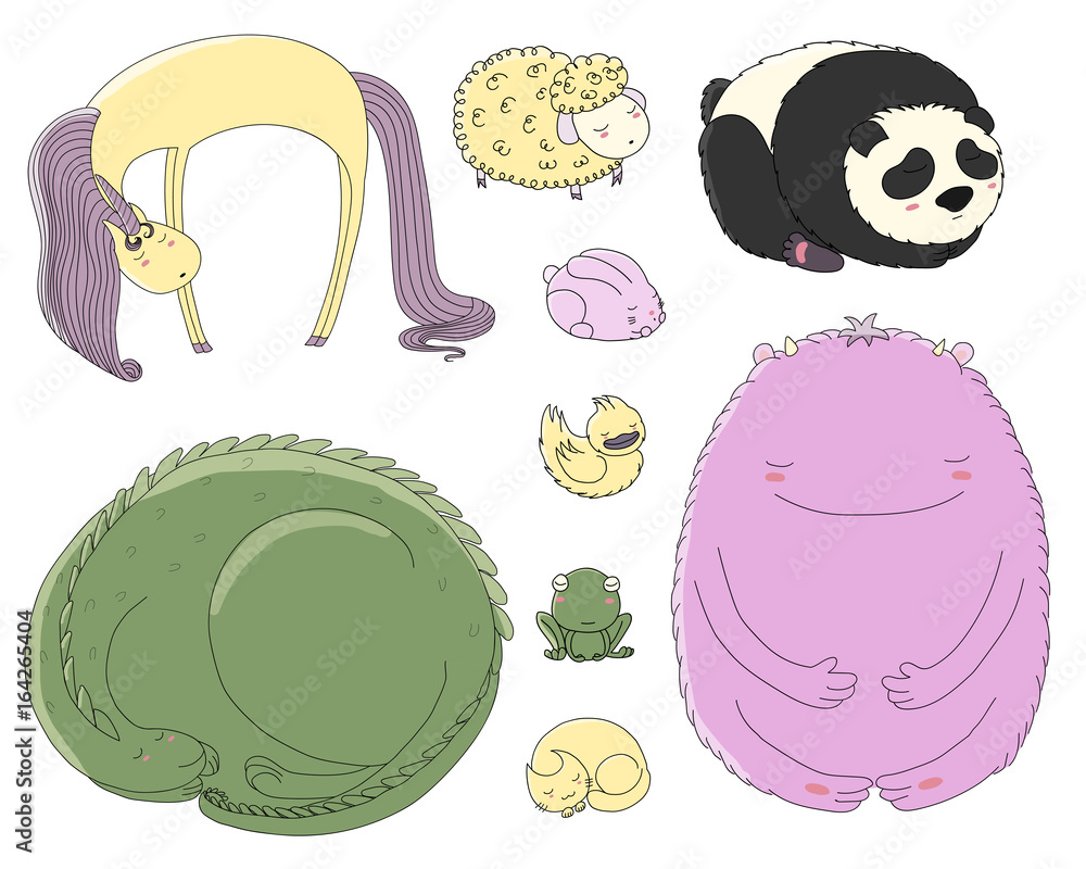 Set of hand drawn vector illustrations of cute sleeping animals: rabbit ...