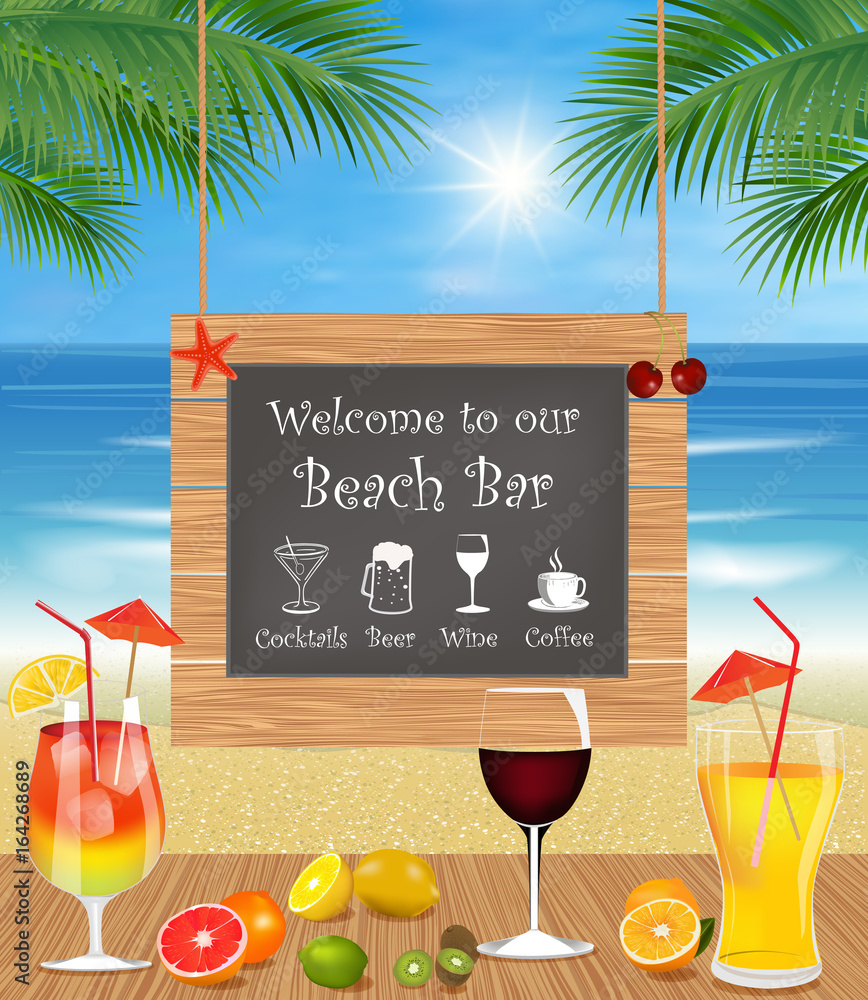 Summer holidays on beach.Tropical beach bar with exotic cocktail, fresh ...
