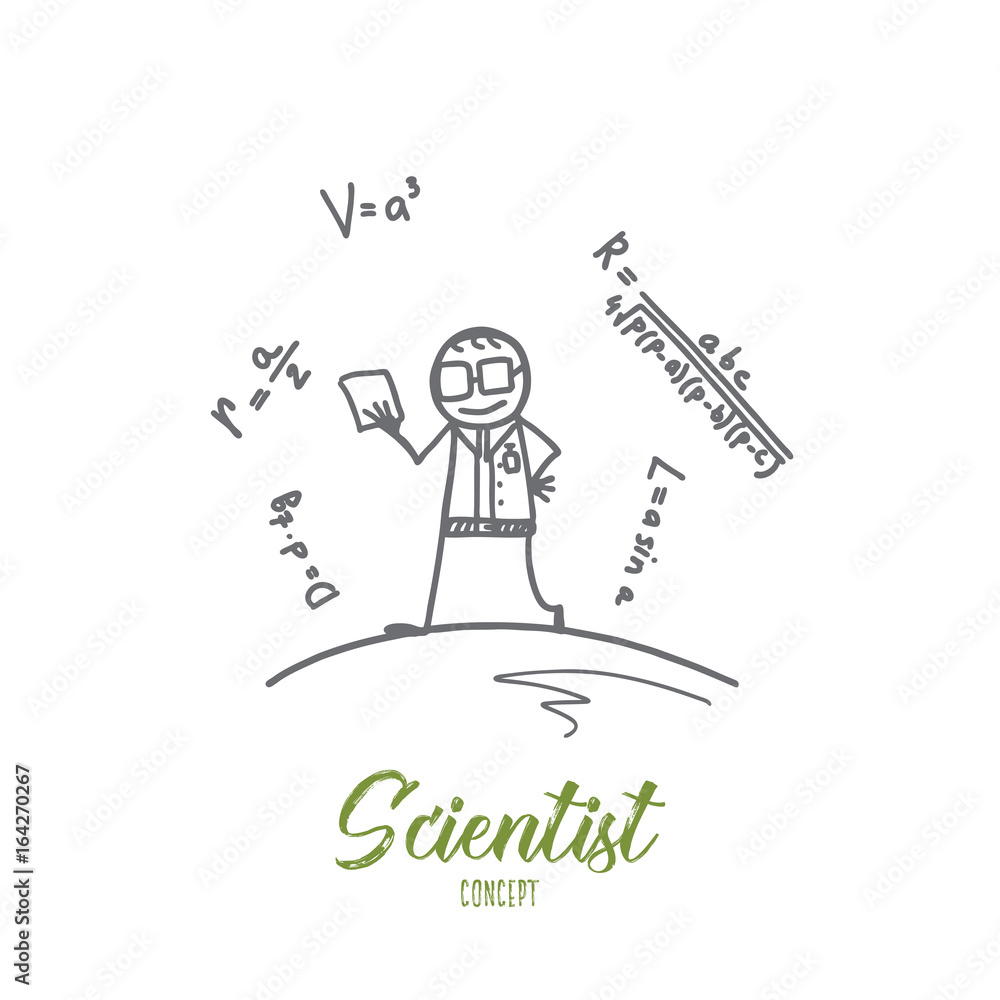 Vetor de Scientist concept. Hand drawn smiling scientist leaning ...