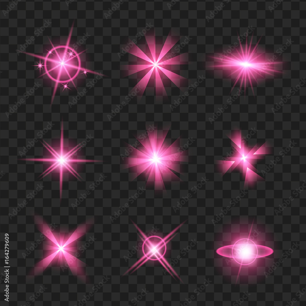 purple shine stars with glitters, sparkles icons set. Effect twinkle ...