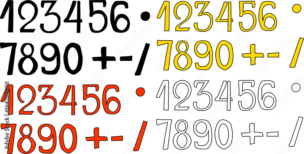 Numerical symbols, math signs in black, red, golden yellow and white ...