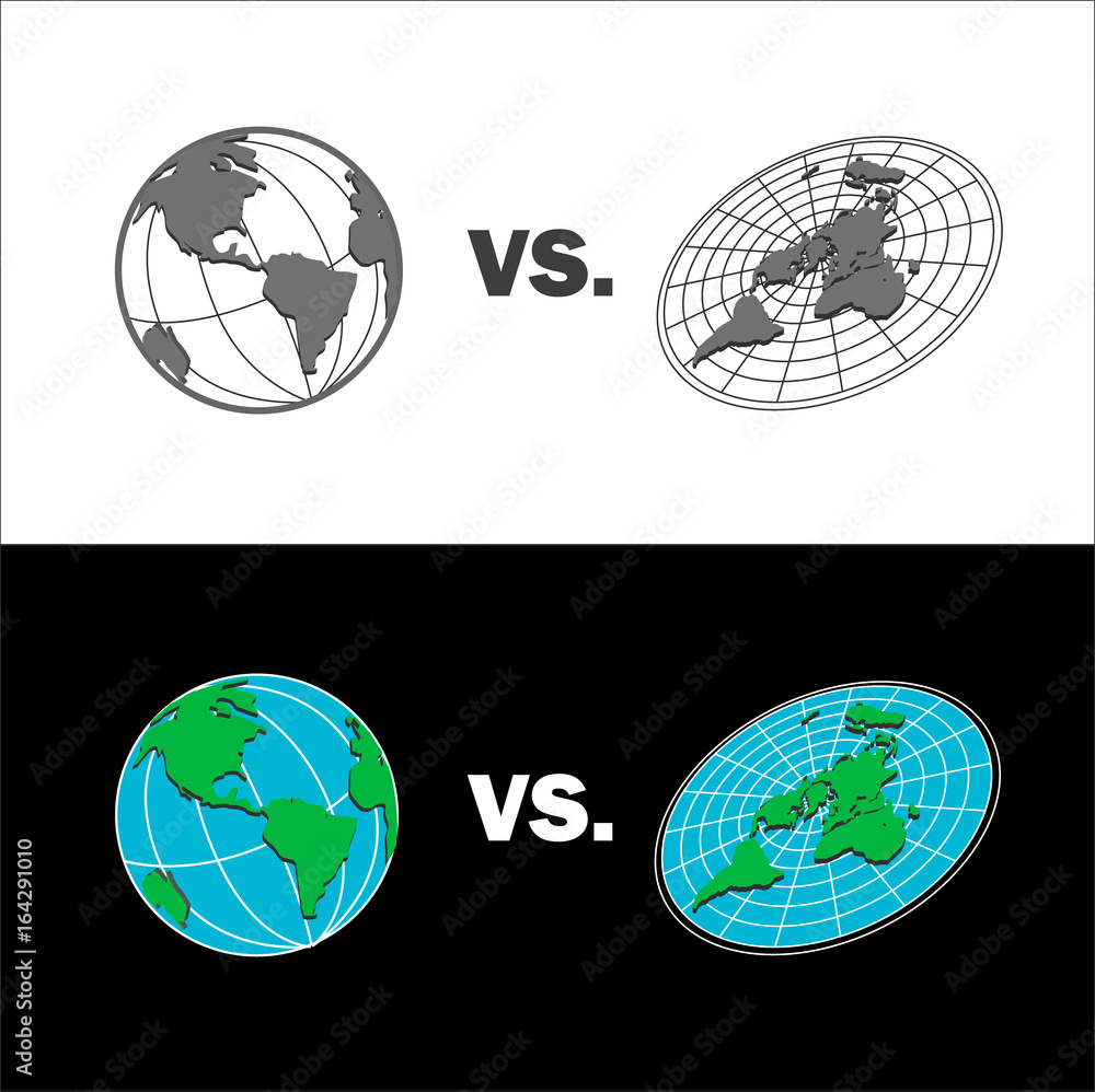 Flat Earth vs Sphere Earth map. Isolated vector illustration. Stock ...