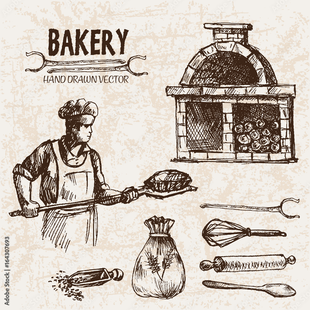 Digital vector detailed line art bakery and bread hand drawn retro ...
