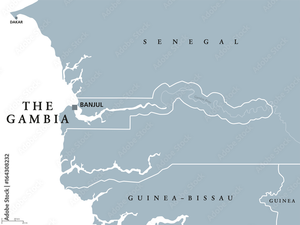 The Gambia political map with capital Banjul. Republic and country in ...