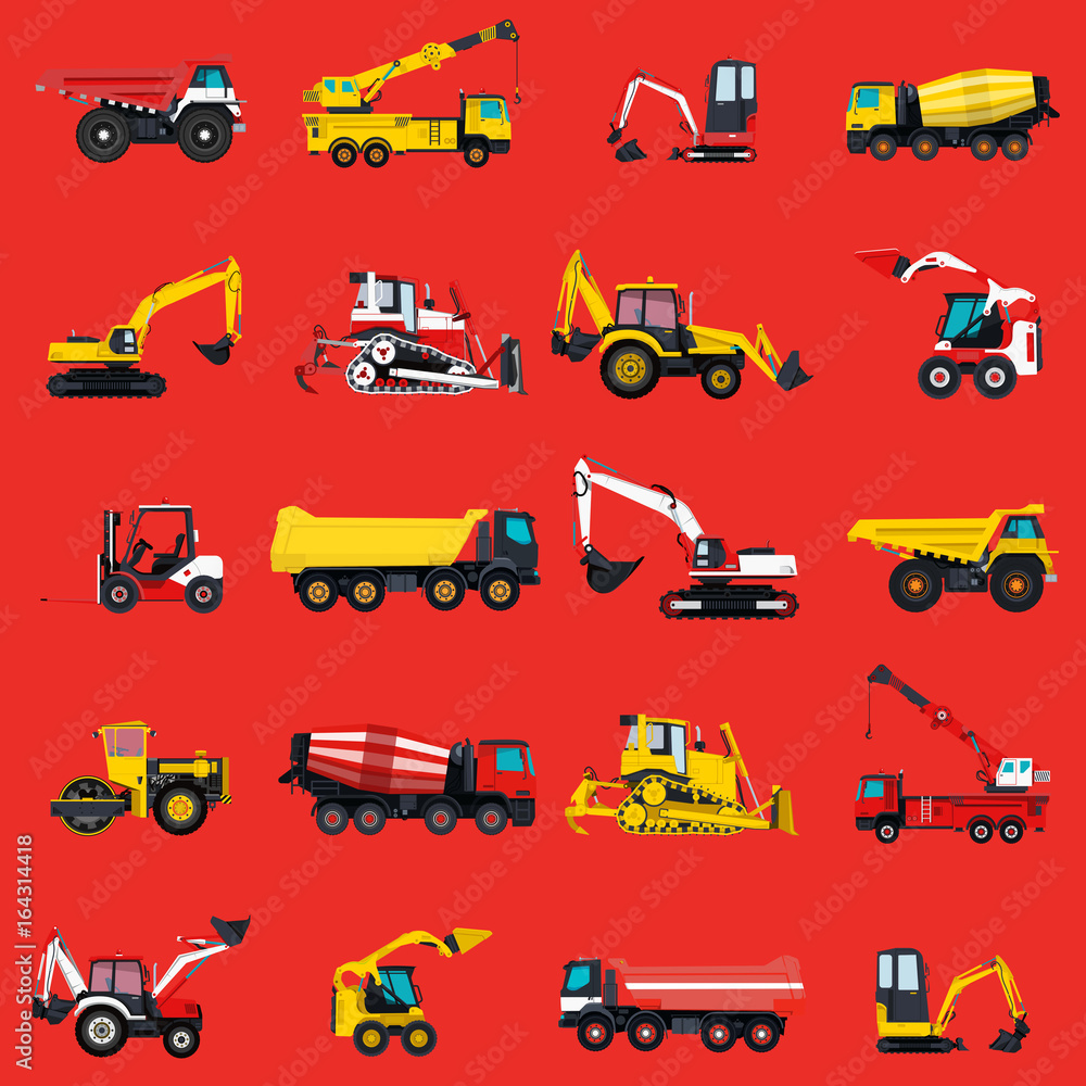 Wallpaper with construction machinery set on red. Ground works ...
