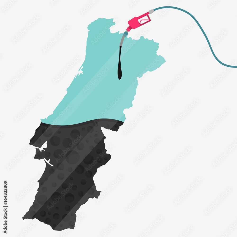 Map of Portugal being fueled by oil. Gas pump fueled map. On the map ...