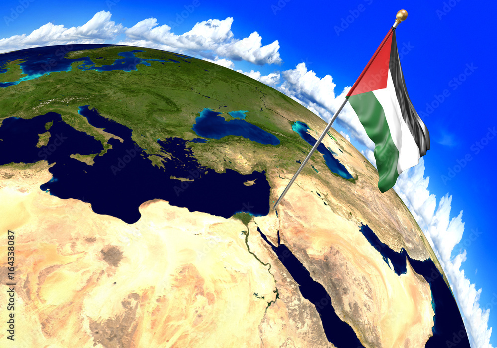 Palestine national flag marking the region location on world map. 3D ...