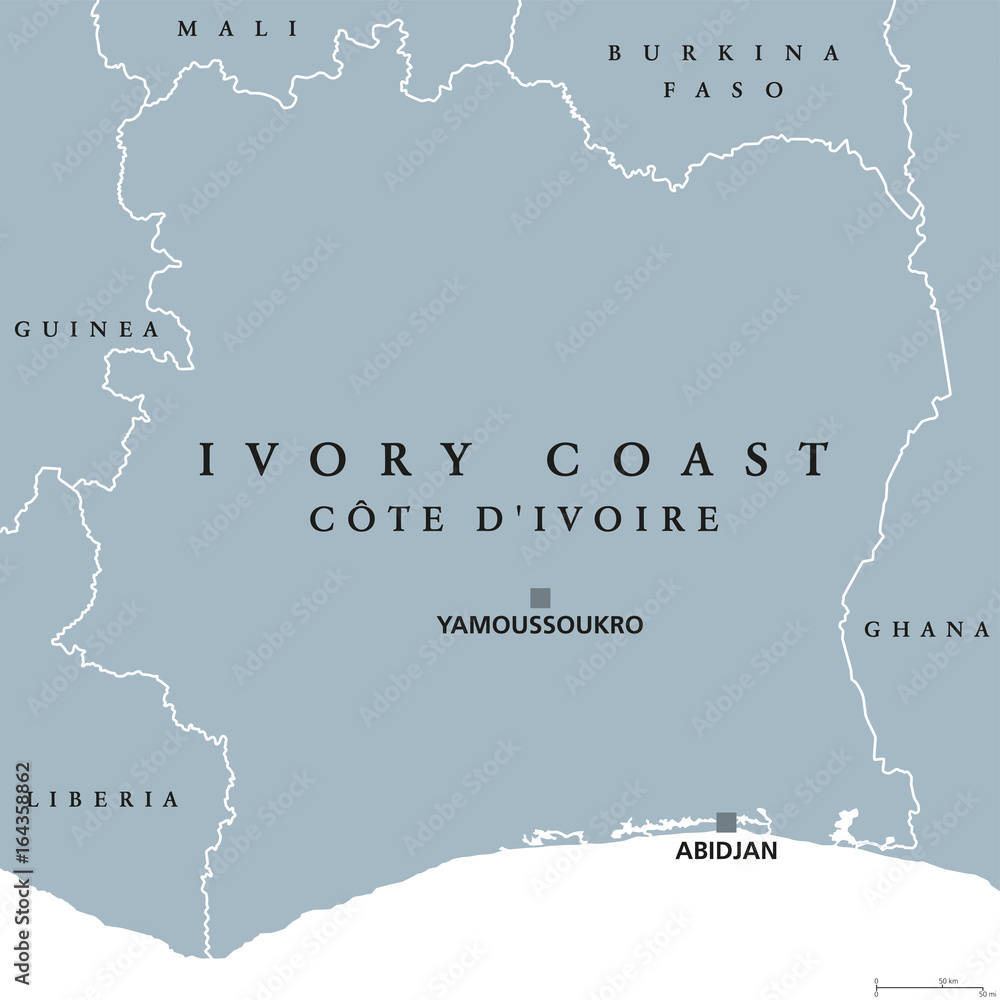 Ivory Coast political map with capital Yamoussoukro and Abidjan ...