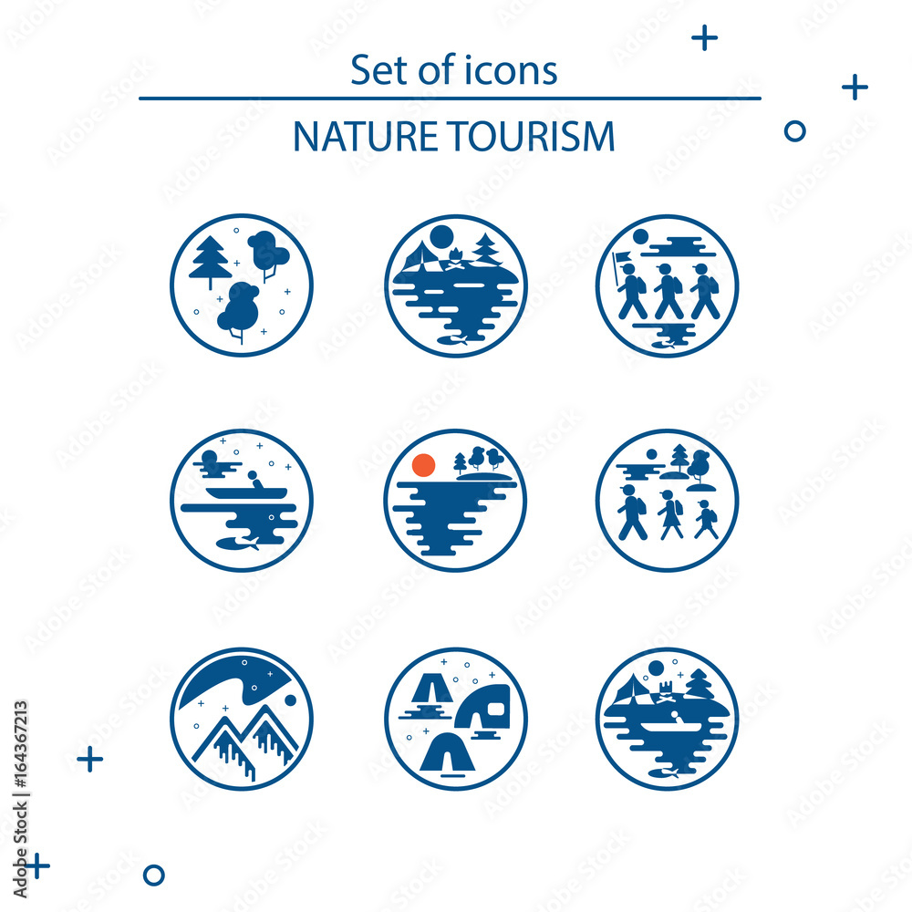 Vectorial clip art style flat design. Icons of tourism in nature, the ...