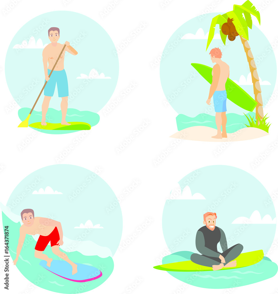 Surfing man flat cartoon vector illustration Stock Vector | Adobe Stock