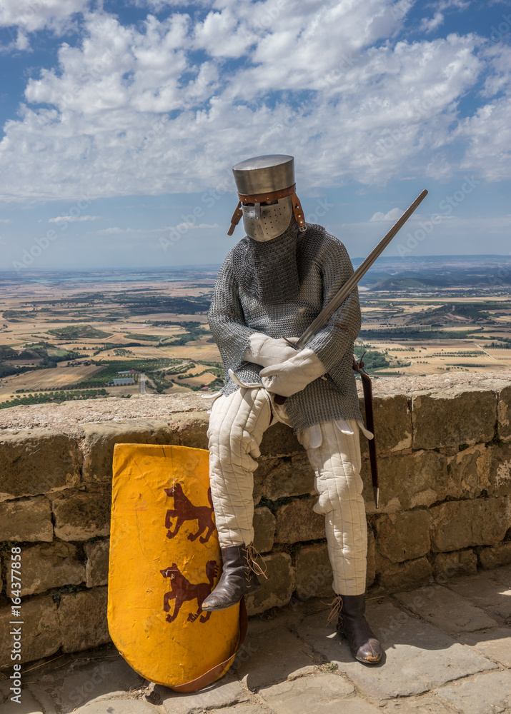 Foto Stock Medieval knight on guard at the entrance of a castle, at rest, resting, reenactment ...