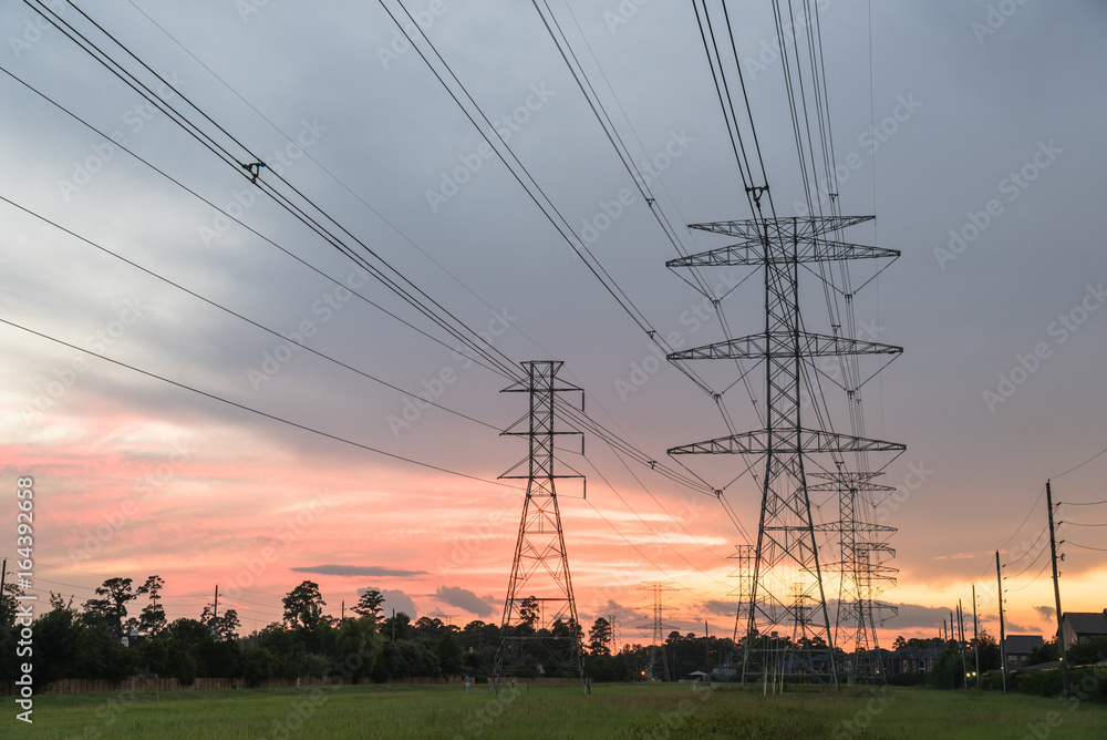 Group silhouette of transmission towers (power tower, electricity pylon ...