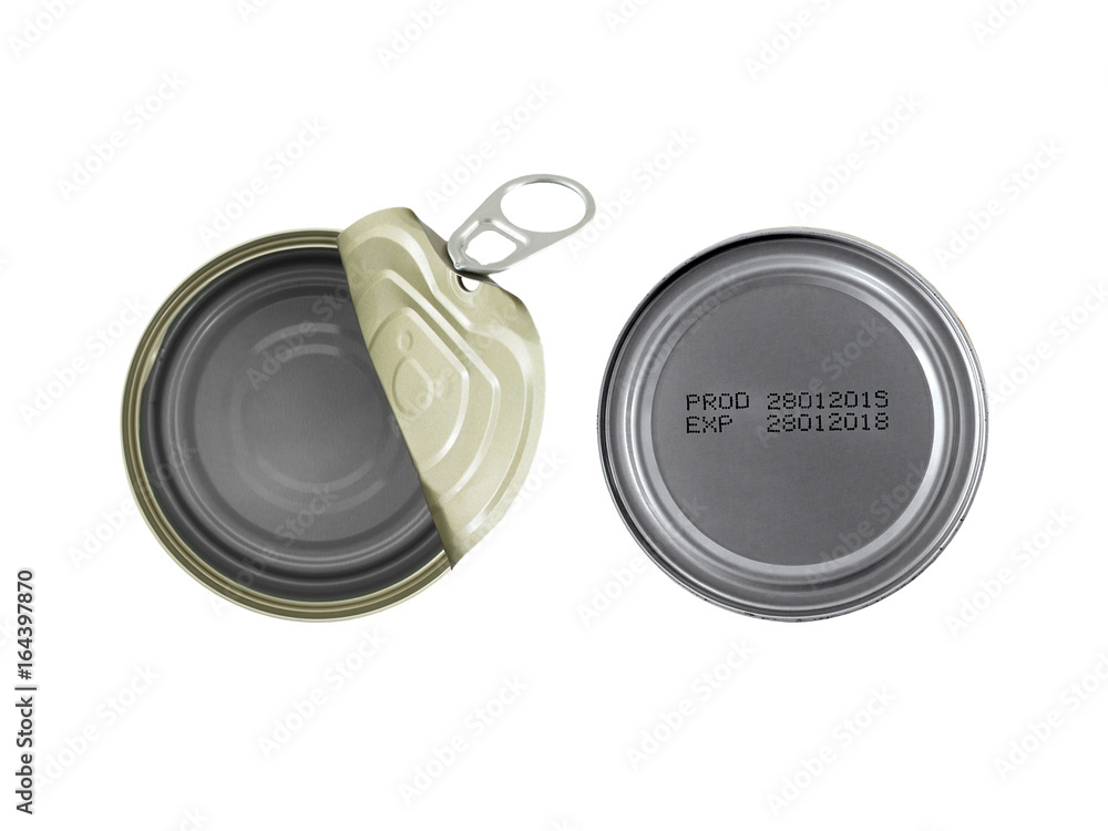 open empty aluminum can (canned food) and manufacture date and expiry ...