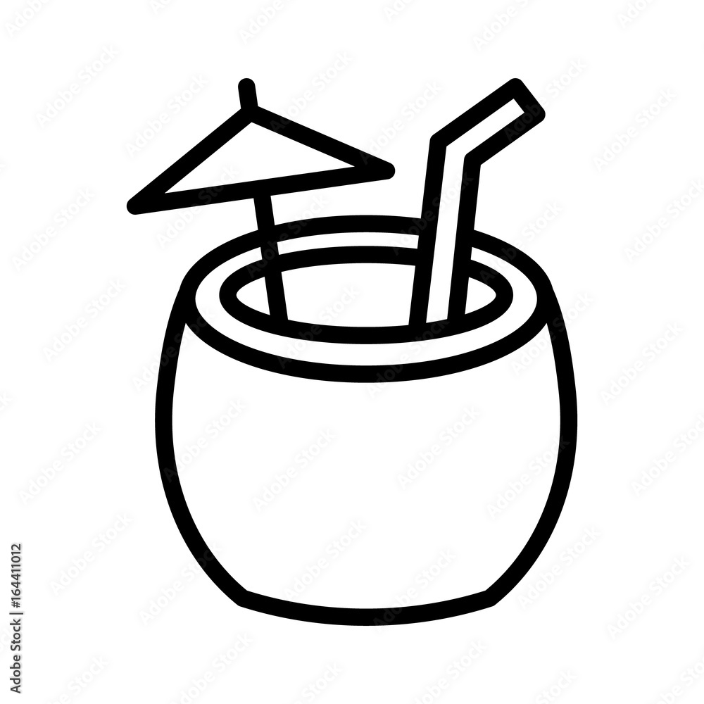 Coconut water cocktail drink with straw and umbrella line art vector ...
