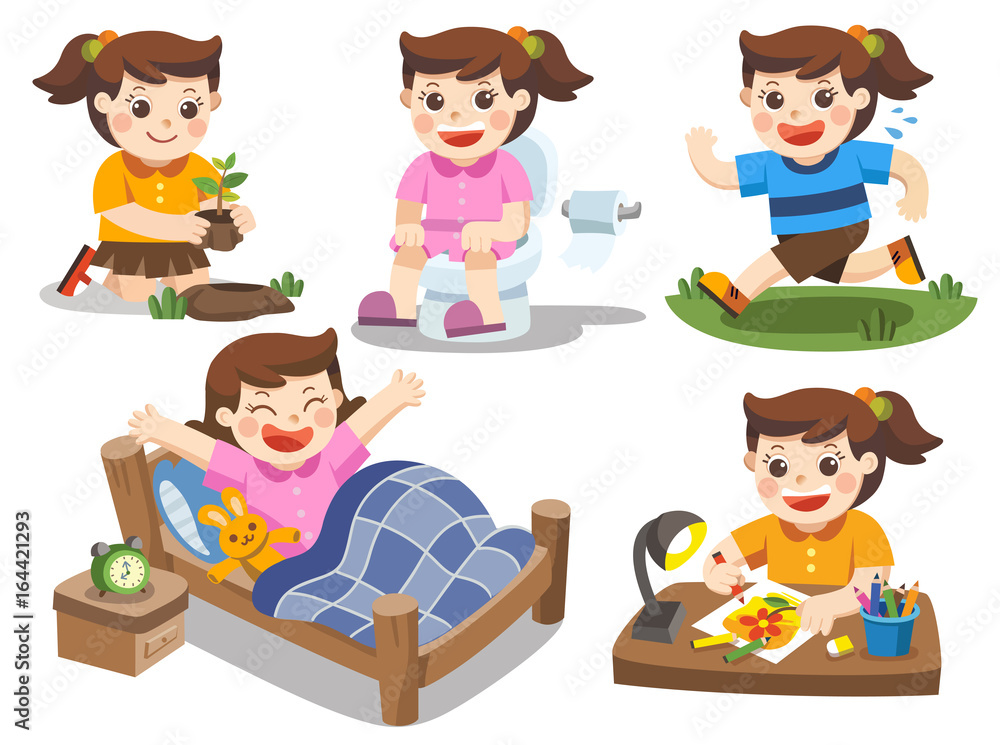 The daily routine of a cute girl on a white background. [wake up, do ...
