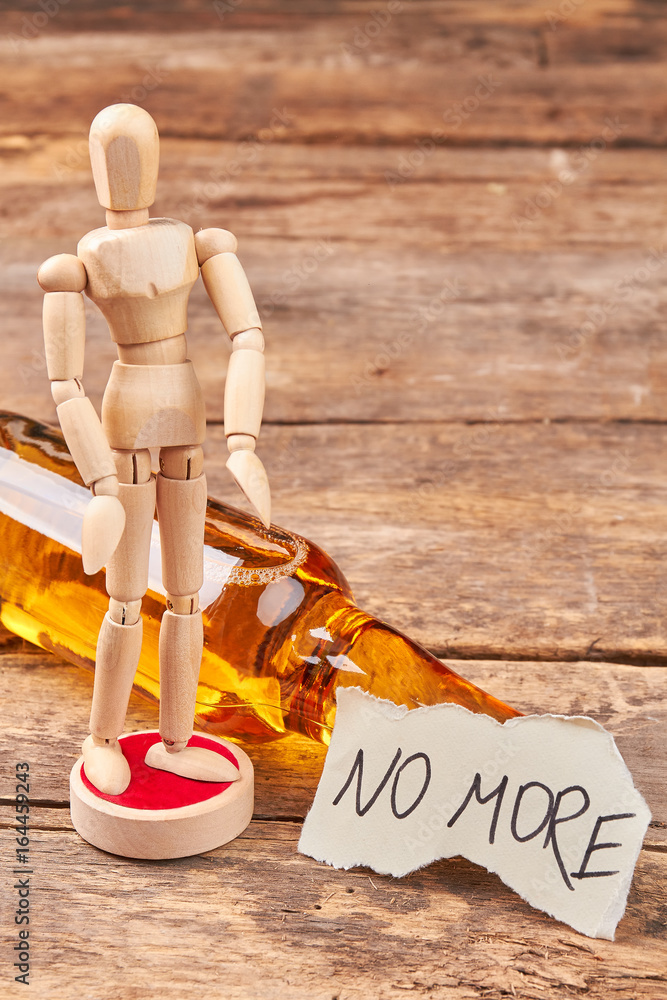Human model dummy, alcohol, message. No more alcohol text, wooden human ...