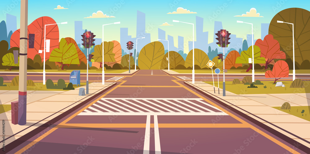 Road Empty City Street With Crosswalk And Traffic Lights Flat Vector ...