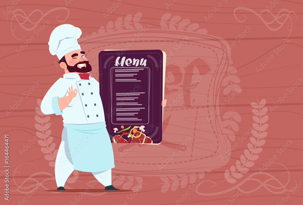 Chef Cook Holding Restaurant Menu Smiling Cartoon Chief In White ...