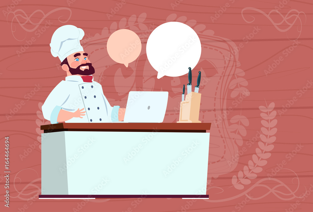 Chef Cook Working At Laptop Computer Cartoon Restaurant Chief In White ...