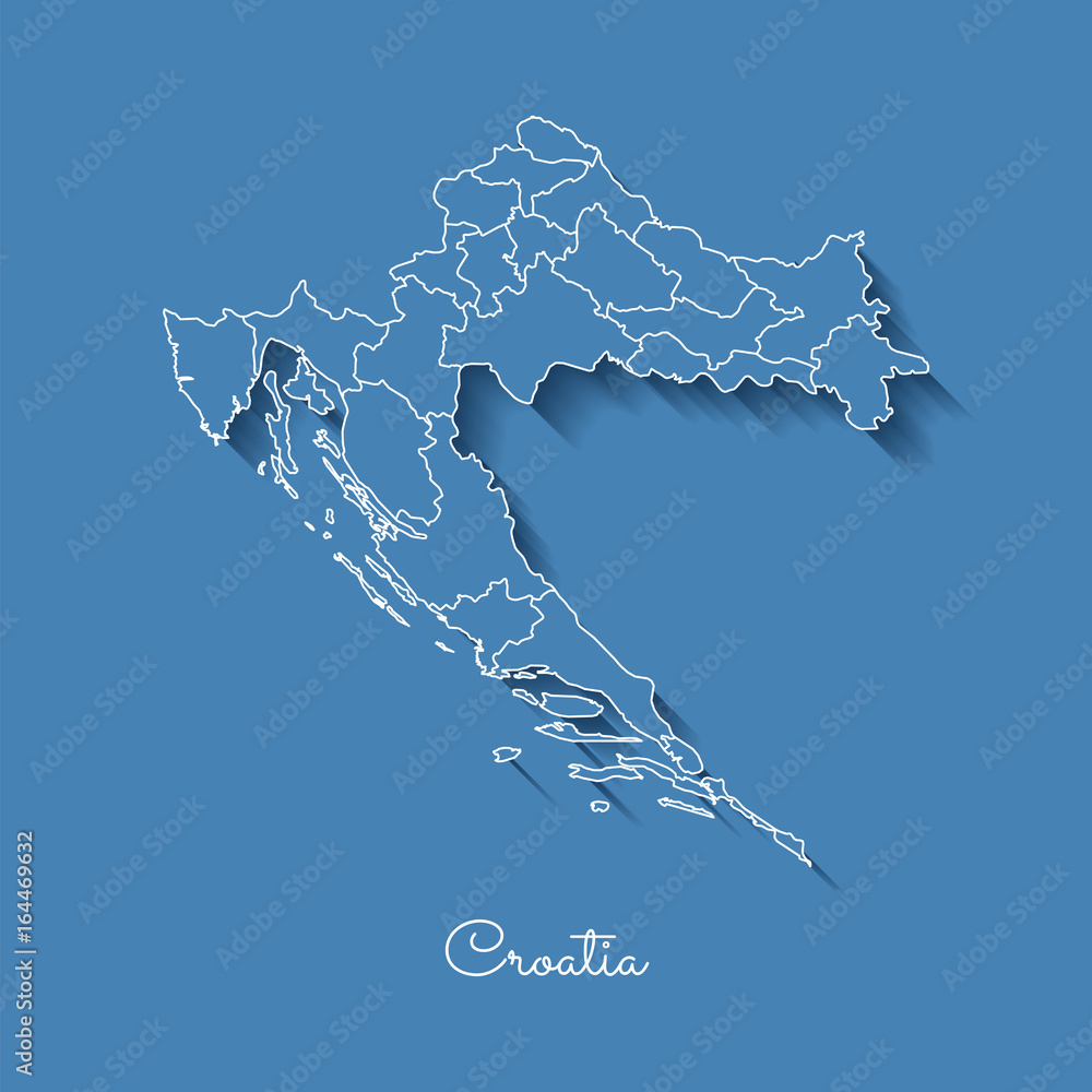 Croatia region map: blue with white outline and shadow on blue ...