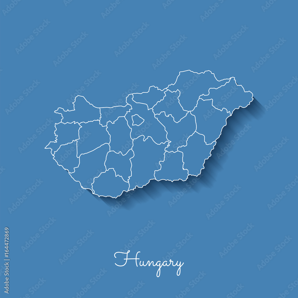 Hungary region map: blue with white outline and shadow on blue ...