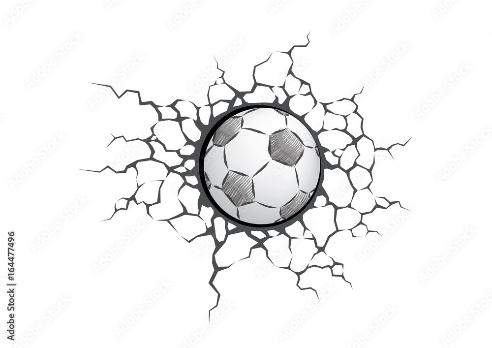 Soccer ball smash the white wall with cracks hole. Texture design of a ...