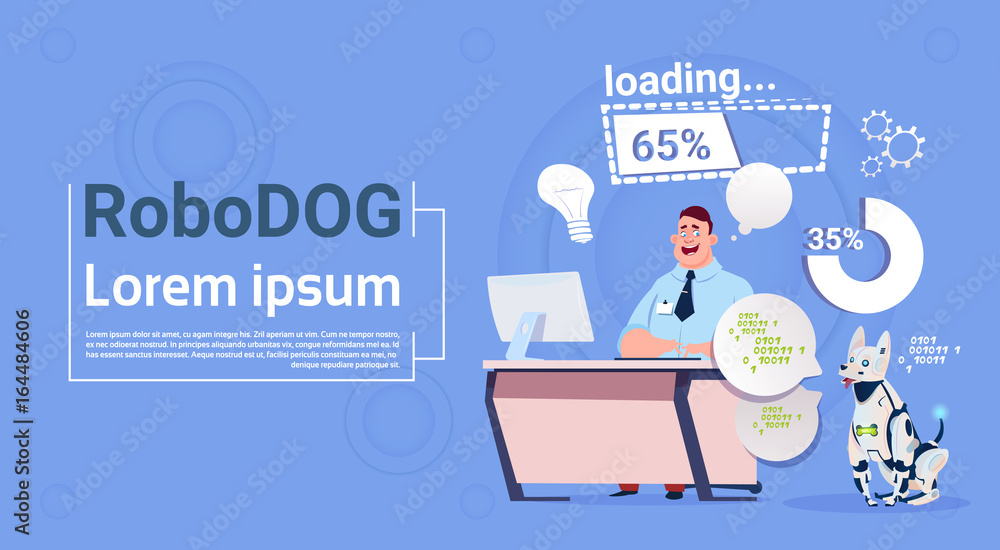 Man Programmer Coding On Computer Working With Robotic Dog Domestic ...