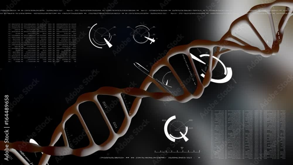 Realistic Rotating DNA with data processing background. Genetic ...