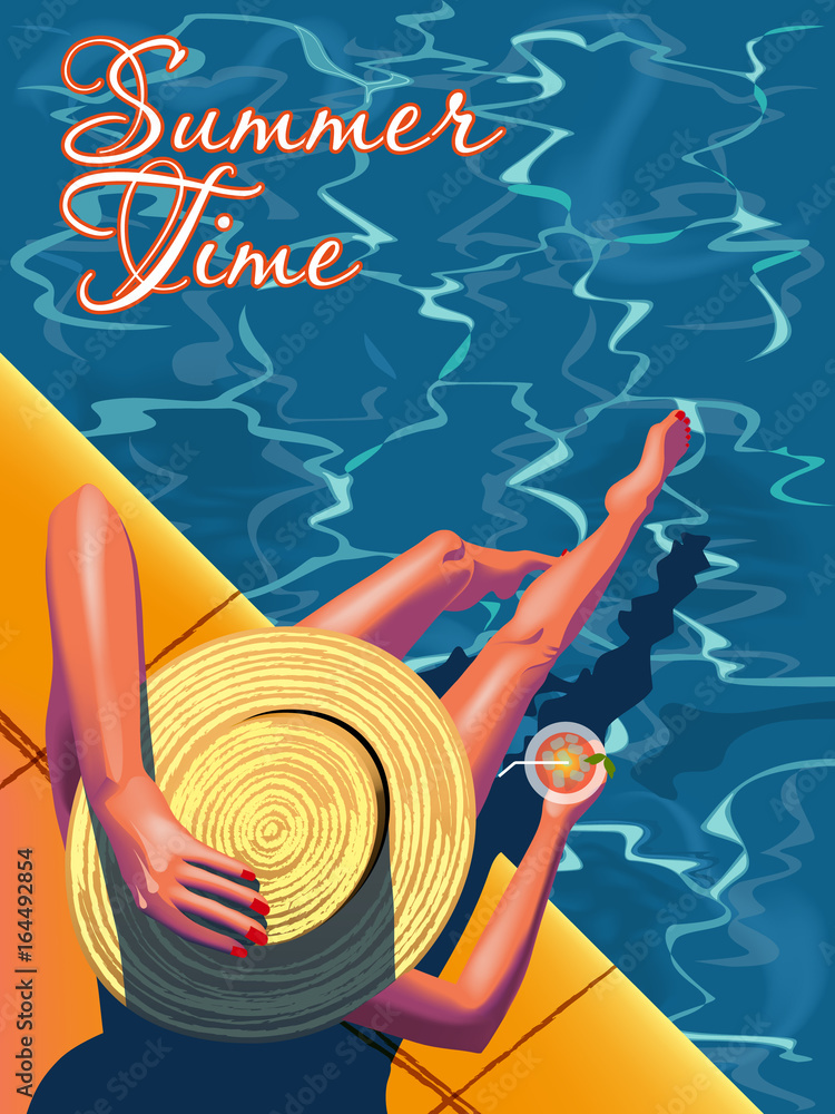 Young woman sunbathing on the pool edge. Handmade drawing vector ...