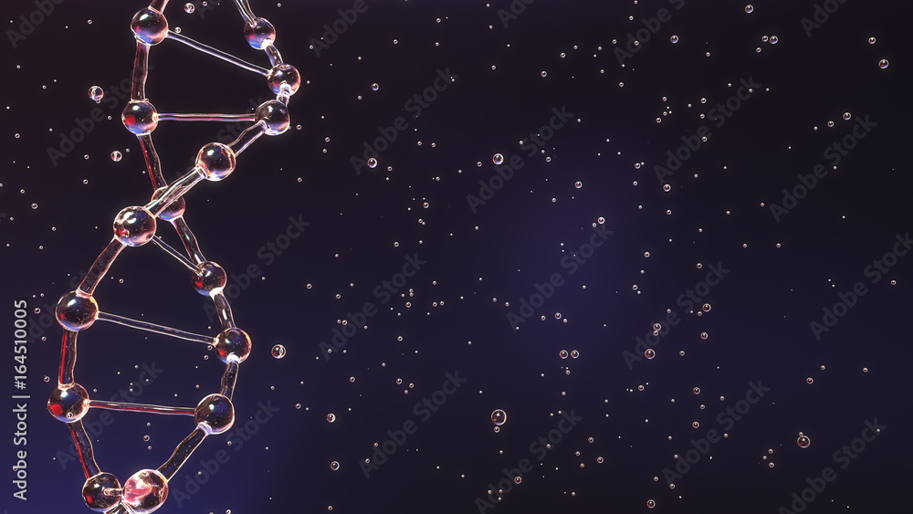 Transparent DNA molecule and floating particles. Modern medicine or ...