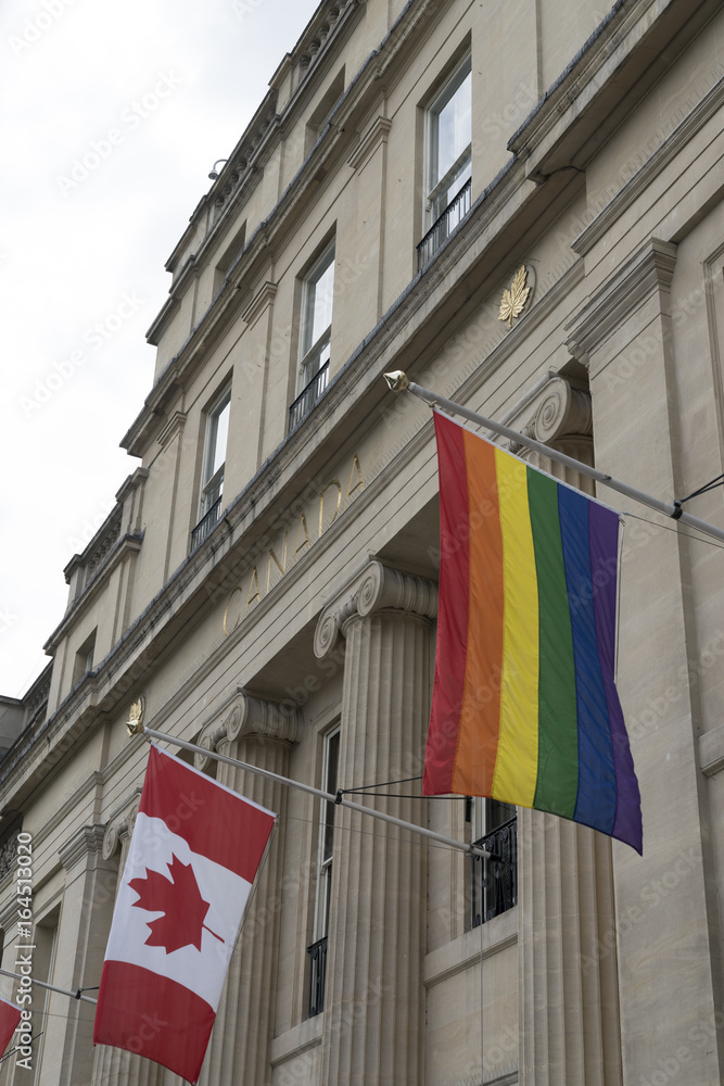 Canadian and pride flag outside the High Commission of Canada during ...