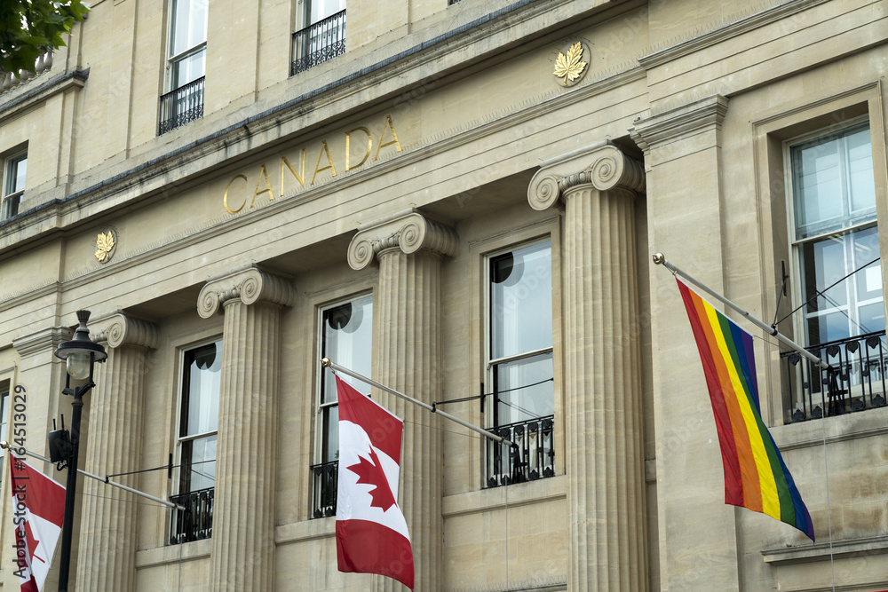 Canadian and pride flag outside the High Commission of Canada during ...