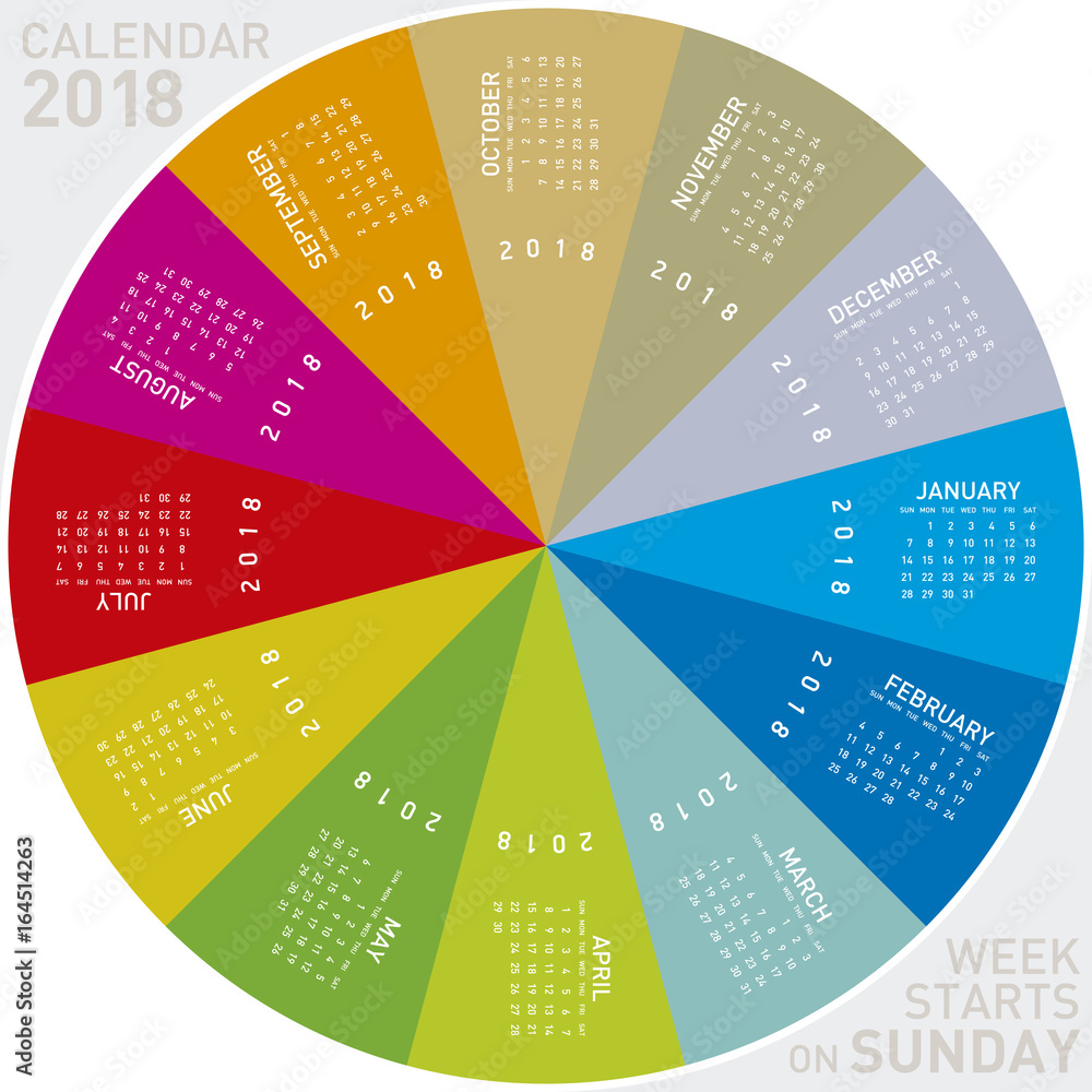 Colorful calendar for 2018. Circular design. Week starts on Sunday ...