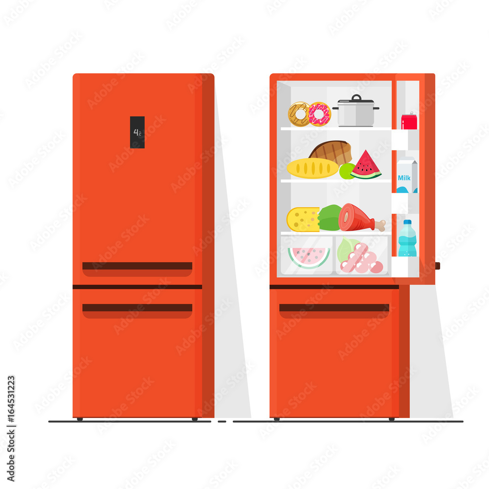 Refrigerator vector illustration, flat cartoon open and closed fridge ...