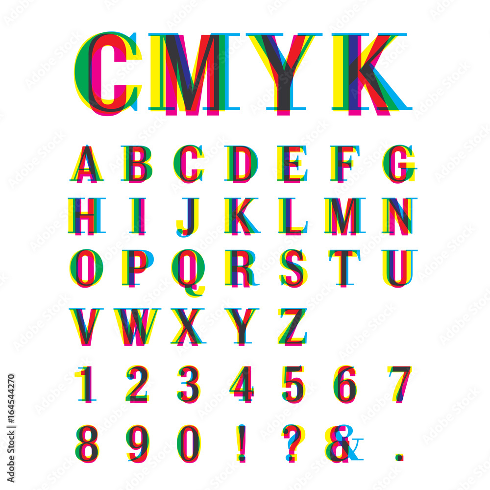 cmyk font typeface. Made from overlayed Cyan Magenta and Yellow Stock ...